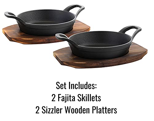 Bruntmor Mini Cast Iron Sizzler Plates Skillet Set Of 4. Round Fajita Plate With Wooden Base/Pan Tray Serving Sizzling Dish And Fajitas, Hot Steak Skillet Dish Without Sinking (2 Sets)