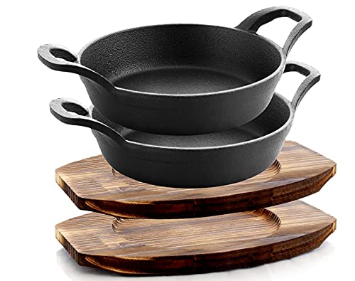 Bruntmor Mini Cast Iron Sizzler Plates Skillet Set Of 4. Round Fajita Plate With Wooden Base/Pan Tray Serving Sizzling Dish And Fajitas, Hot Steak Skillet Dish Without Sinking (2 Sets)