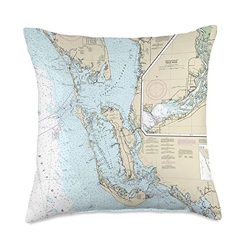 15 Degrees East Nautical Chart-Charlotte Harbor & Sanibel Island, FL Throw Pillow, 18x18, Multicolor