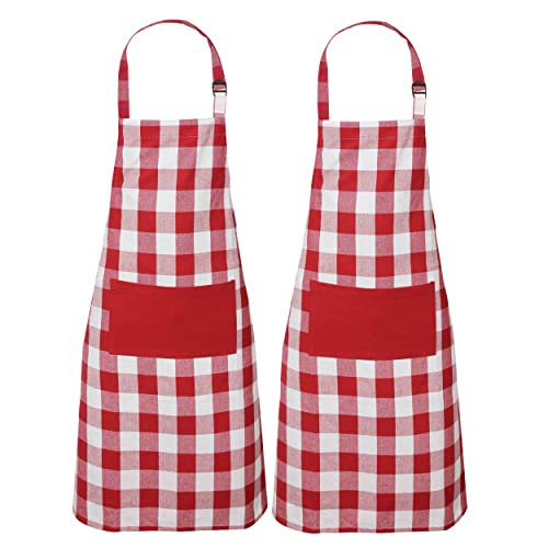 WHITEWRAP Bib Apron with 2 pockets | 2-Pack | 35”x28” with Adjustable Neck | Red and White Checked | Unisex Apron Long Ties | Commercial Apron for Cooking, Chef and Restaurant| Kitchen BBQ Painting