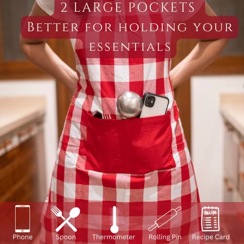 WHITEWRAP Bib Apron with 2 pockets | 2-Pack | 35”x28” with Adjustable Neck | Red and White Checked | Unisex Apron Long Ties | Commercial Apron for Cooking, Chef and Restaurant| Kitchen BBQ Painting