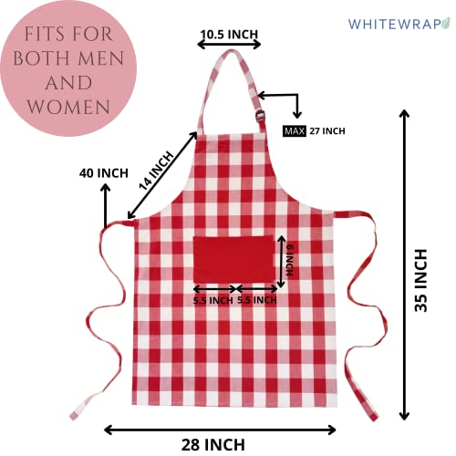 WHITEWRAP Bib Apron with 2 pockets | 2-Pack | 35”x28” with Adjustable Neck | Red and White Checked | Unisex Apron Long Ties | Commercial Apron for Cooking, Chef and Restaurant| Kitchen BBQ Painting