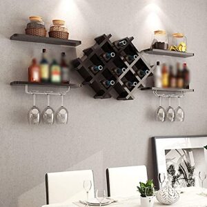 loyalheartdy set of 5 wall mount wine rack set w/storage shelves and glass holder modern diamond-shaped wood wine server for 8 bottles wine storage display rack (black)