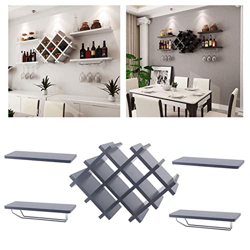 LOYALHEARTDY Set of 5 Wall Mount Wine Rack Set w/Storage Shelves and Glass Holder Modern Diamond-Shaped Wood Wine Server for 8 Bottles Wine Storage Display Rack (Black)