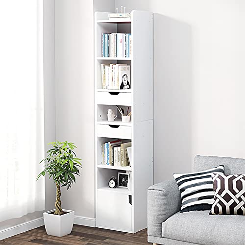 XM&LZ White Narrow Bookcase,Tall Bookshelf with Doors and Drawers Bedroom Storage Cabinets Book Shelves for Small Spaces Display Rack Organizer-White 13×10×71inch