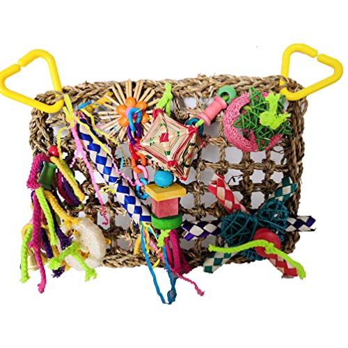 Bird Foraging Wall Toy, Seagrass Woven Climbing Hammock for Parrot Parakeet Cockatiel Conure Cockatoo African Grey Eclectus Amazon Budgie Lovebird Finch Canary Cage Perch Stand