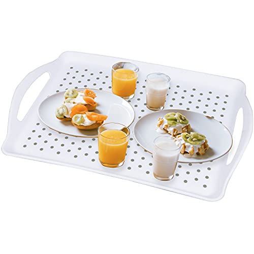 Non Slip Food Serving Tray with Handles, Rectangle Anti-Slip Non-Toxic Dishwasher Safe Tray for Snack Fruit Dessert Breakfast Drink(White)