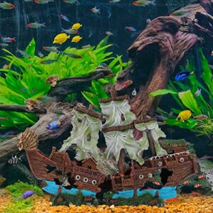 UNEAK - Large Shipwreck Aquarium Decorations Ornament w/ Sail (2 Pieces) 20 Gallons high and Larger Fish Tank, Sunken Ship Decoration Ornaments, Pirate Boat, Resin, Freshwater Saltwater Decor