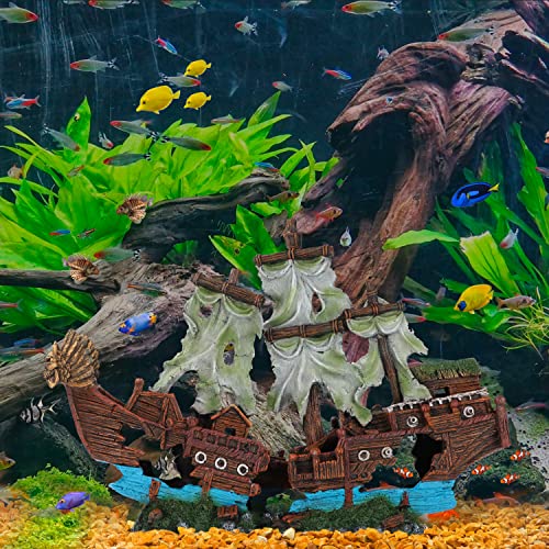 UNEAK - Large Shipwreck Aquarium Decorations Ornament w/ Sail (2 Pieces) 20 Gallons high and Larger Fish Tank, Sunken Ship Decoration Ornaments, Pirate Boat, Resin, Freshwater Saltwater Decor