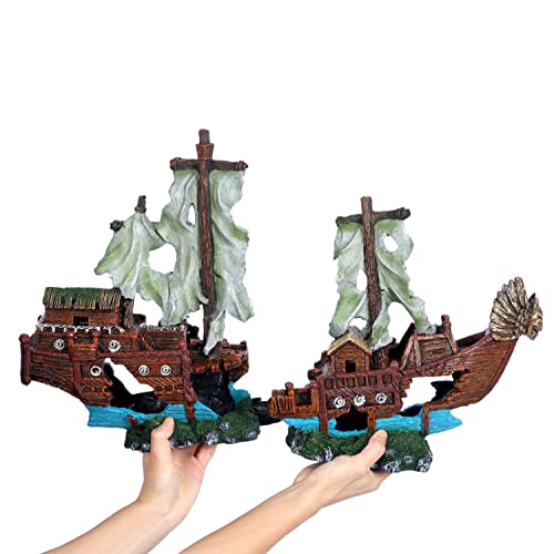 UNEAK - Large Shipwreck Aquarium Decorations Ornament w/ Sail (2 Pieces) 20 Gallons high and Larger Fish Tank, Sunken Ship Decoration Ornaments, Pirate Boat, Resin, Freshwater Saltwater Decor