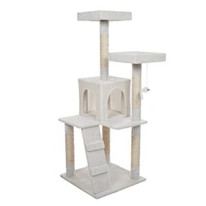 4-Tier Cat Tower - Tree with Napping Perches, Cat Condo, Ladder, 5 Sisal Rope Scratching Posts, and Hanging Toy for Indoor Cats by PETMAKER (White)