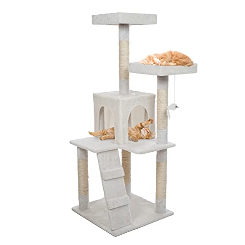 4-Tier Cat Tower - Tree with Napping Perches, Cat Condo, Ladder, 5 Sisal Rope Scratching Posts, and Hanging Toy for Indoor Cats by PETMAKER (White)