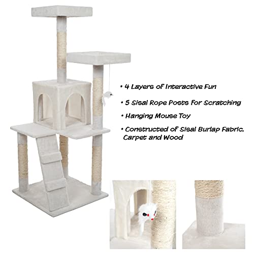 4-Tier Cat Tower - Tree with Napping Perches, Cat Condo, Ladder, 5 Sisal Rope Scratching Posts, and Hanging Toy for Indoor Cats by PETMAKER (White)