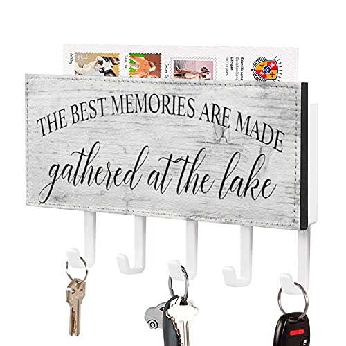 Lake House Key Holder for Wall, The Best Memories are Made Mail Holder and Key Rack for Entryway, Farmhouse Home Decor Key Hooks, Rustic Key Hangers with 5 Hooks