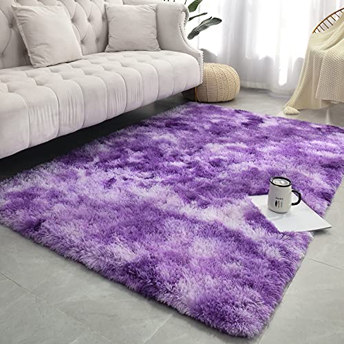 Astorug Fluffy Shaggy Rug Dorm Carpet Area Rug for Bedroom Living Room Bedside Rug for Kids Room Non-Slip Nursery Rug Home Decor Rectangle Fuzzy Rugs,Tie-Dyed Purple,3x5 Feet