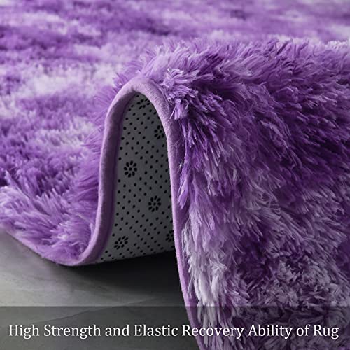 Astorug Fluffy Shaggy Rug Dorm Carpet Area Rug for Bedroom Living Room Bedside Rug for Kids Room Non-Slip Nursery Rug Home Decor Rectangle Fuzzy Rugs,Tie-Dyed Purple,3x5 Feet