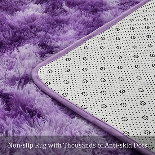 Astorug Fluffy Shaggy Rug Dorm Carpet Area Rug for Bedroom Living Room Bedside Rug for Kids Room Non-Slip Nursery Rug Home Decor Rectangle Fuzzy Rugs,Tie-Dyed Purple,3x5 Feet