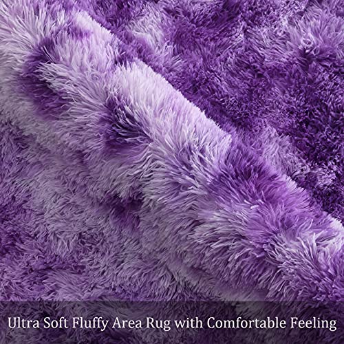 Astorug Fluffy Shaggy Rug Dorm Carpet Area Rug for Bedroom Living Room Bedside Rug for Kids Room Non-Slip Nursery Rug Home Decor Rectangle Fuzzy Rugs,Tie-Dyed Purple,3x5 Feet