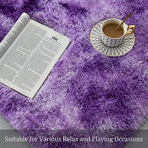 Astorug Fluffy Shaggy Rug Dorm Carpet Area Rug for Bedroom Living Room Bedside Rug for Kids Room Non-Slip Nursery Rug Home Decor Rectangle Fuzzy Rugs,Tie-Dyed Purple,3x5 Feet