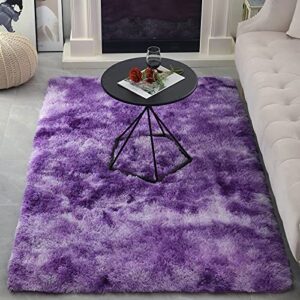 Astorug Fluffy Shaggy Rug Dorm Carpet Area Rug for Bedroom Living Room Bedside Rug for Kids Room Non-Slip Nursery Rug Home Decor Rectangle Fuzzy Rugs,Tie-Dyed Purple,3x5 Feet