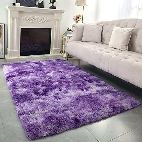 Astorug Fluffy Shaggy Rug Dorm Carpet Area Rug for Bedroom Living Room Bedside Rug for Kids Room Non-Slip Nursery Rug Home Decor Rectangle Fuzzy Rugs,Tie-Dyed Purple,3x5 Feet