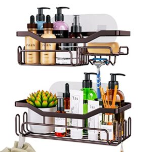 HapiRm Adhesive Shower Caddy Shower Organizer Shelf Build in Shampoo Holder, No Drilling Rust Proof Stainless Steel Shower Storage Rack with 11 Hooks for Hanging Shower Ball and Razor- Bronze