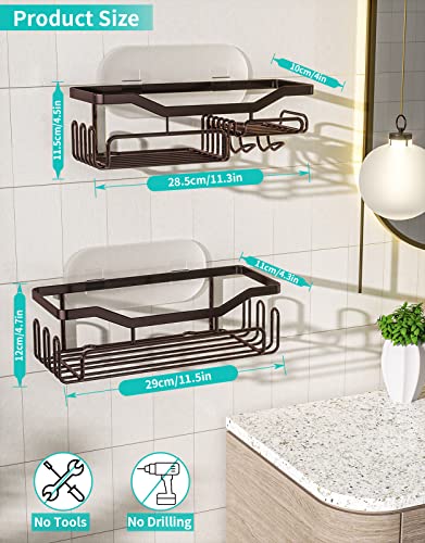 HapiRm Adhesive Shower Caddy Shower Organizer Shelf Build in Shampoo Holder, No Drilling Rust Proof Stainless Steel Shower Storage Rack with 11 Hooks for Hanging Shower Ball and Razor- Bronze