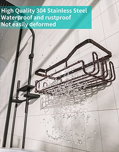 HapiRm Adhesive Shower Caddy Shower Organizer Shelf Build in Shampoo Holder, No Drilling Rust Proof Stainless Steel Shower Storage Rack with 11 Hooks for Hanging Shower Ball and Razor- Bronze