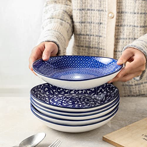 Selamica 8 inch Porcelain Oval Serving Bowls for Salad, Dessert, Oven Safe, Dinner Plates, Pasta Bowls Set of 6 (Vintage Blue)