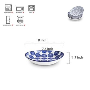 Selamica 8 inch Porcelain Oval Serving Bowls for Salad, Dessert, Oven Safe, Dinner Plates, Pasta Bowls Set of 6 (Vintage Blue)