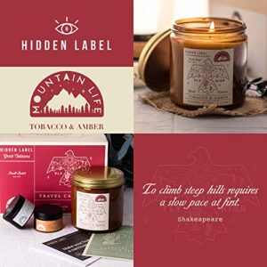 Hidden Label Scented Candles for Indoor Outdoor, Tobacco&Amber Large Soy Candles for Home 12oz 80 Hours Long Burning, Mountain Life Collection Travel Candle Set Gifts for Birthday Valentines Day