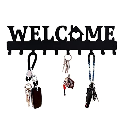 TWOWYHI Key Holder for Wall Black Metal Keys Holder Decorative Wall Mounted WELCOME Design Style Key Rack for Wall Key Hanger with 10 Hooks 12.99"Length 3.35"Width key hangers with Adhesive Wall Screw