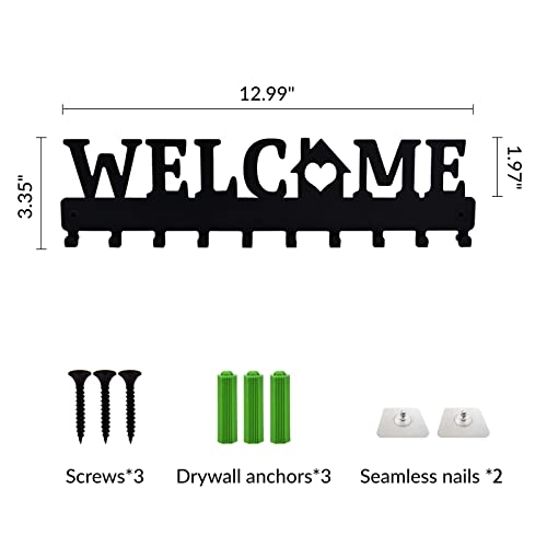 TWOWYHI Key Holder for Wall Black Metal Keys Holder Decorative Wall Mounted WELCOME Design Style Key Rack for Wall Key Hanger with 10 Hooks 12.99"Length 3.35"Width key hangers with Adhesive Wall Screw