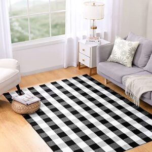 joybest buffalo plaid rug 5 x 7 ft black and white checkered area rug cotton hand-woven indoor outdoor rugs carpet for patio, living room, dining room, bedroom