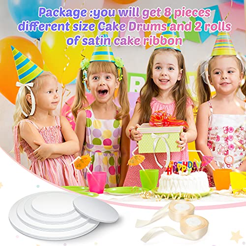 8 Pieces Cake Drums Round Sturdy White Cake Drum with 2 Pieces Satin Cake Ribbon for Heavy or Multi-Tiered Cakes (6, 8, 10, 12 Inch)