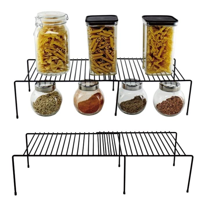 COMELYJEWEL 2sets /pack Black Expandable Cabinet Household Storage Shelf Rack Steel Metal Wire Counter & Pantry Home Kitchen Bathroom Extendable Countertop Organizer Organization