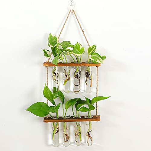 Wall Hanging Planter, 2 Tiered Plant Propagation Stations Plant Terrarium with Wooden Stand, Glass Planter Test Tube Vase for Propagating Hydroponic Plants Home Decor