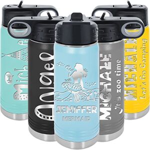 personalized kids water bottle 20oz with flip-top lid and straw, thermos kids stainless steel insulated flask, your name engraved in usa by iproductsus, gifts for girls boys (17 colors, 35 designs)