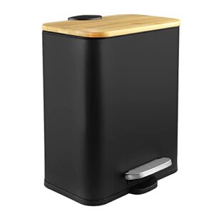 sidianban small trash can with bamboo lid soft close and foot pedal, 1.3gal/5l rectangular garbage can with inner wastebasket for bathroom,bedroom, office, kitchen, black