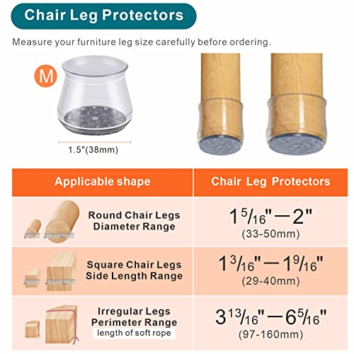 Chair Leg Floor Protectors, 24 Pcs Silicone Felt Furniture Leg Pads Caps Covers for Hardwood Floors (Clear-Medium)