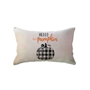 hello pumpkin throw pillow covers autumn fall decor black buffalo plaid check pumpkin pillow case farmhouse decorative rectangular/lumbar couch covers 12×20 inch for sofa/couch/porch