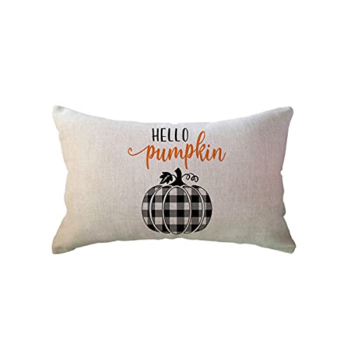 Hello Pumpkin Throw Pillow Covers Autumn Fall Decor Black Buffalo Plaid Check Pumpkin Pillow Case Farmhouse Decorative Rectangular/Lumbar Couch Covers 12×20 Inch for Sofa/Couch/Porch