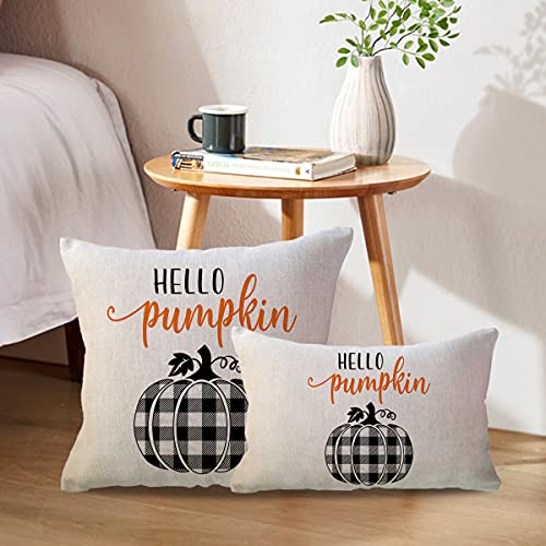 Hello Pumpkin Throw Pillow Covers Autumn Fall Decor Black Buffalo Plaid Check Pumpkin Pillow Case Farmhouse Decorative Rectangular/Lumbar Couch Covers 12×20 Inch for Sofa/Couch/Porch