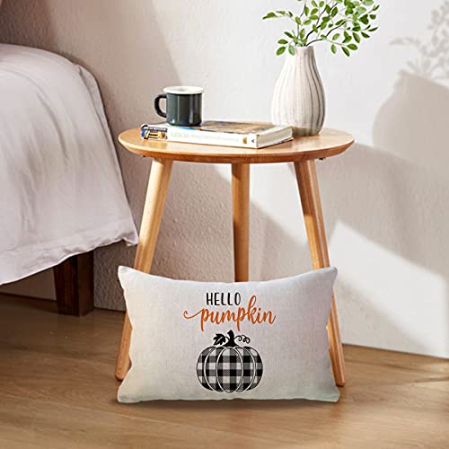 Hello Pumpkin Throw Pillow Covers Autumn Fall Decor Black Buffalo Plaid Check Pumpkin Pillow Case Farmhouse Decorative Rectangular/Lumbar Couch Covers 12×20 Inch for Sofa/Couch/Porch