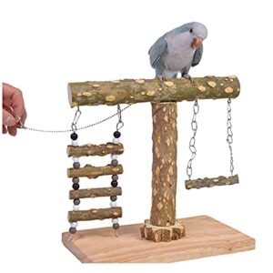 MKubwaa Bird Playstand Platform for Cockatiels, Parrots Playground Stand Perches, Outside Birdcage Playpen Stand with Swing and Ladder, Natural Wood Tabletop Exercise Playgym for Parakeets, Cockatoo