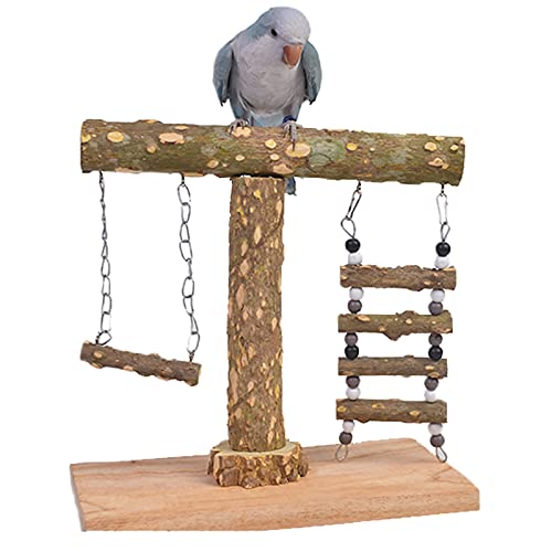 MKubwaa Bird Playstand Platform for Cockatiels, Parrots Playground Stand Perches, Outside Birdcage Playpen Stand with Swing and Ladder, Natural Wood Tabletop Exercise Playgym for Parakeets, Cockatoo