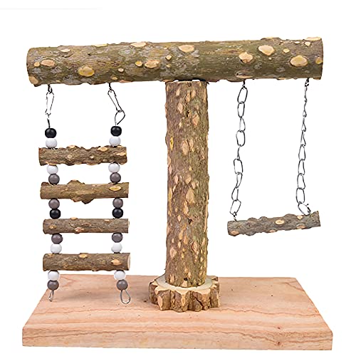 MKubwaa Bird Playstand Platform for Cockatiels, Parrots Playground Stand Perches, Outside Birdcage Playpen Stand with Swing and Ladder, Natural Wood Tabletop Exercise Playgym for Parakeets, Cockatoo