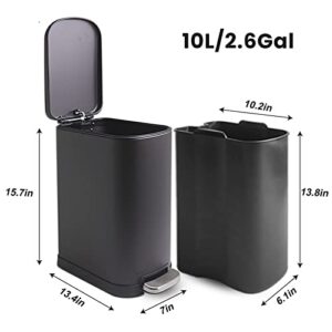 10 Liter/2.6 Gallon Small Trash Can with Lid Soft Close, Removable Inner Waste Basket, Slim Garbage Can for Bathroom Bedroom Office, Rectangular Step Trash Bin, Anti-Fingerprint Brushed Bronze Finish