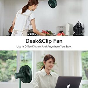 JISULIFE Clip on Oscillating Fan, 8000mAh Battery Operated Clip Desk Fan [5-28h], USB Rechargeable Table Fan with Clamp, 4 Speeds, Timer Shutdown，330°Rotate Clip Fan for Home Office Bed Stroller-Green