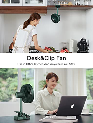 JISULIFE Clip on Oscillating Fan, 8000mAh Battery Operated Clip Desk Fan [5-28h], USB Rechargeable Table Fan with Clamp, 4 Speeds, Timer Shutdown，330°Rotate Clip Fan for Home Office Bed Stroller-Green